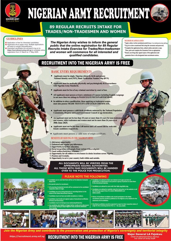 OFFICIAL ANNOUNCEMENT: NIGERIAN ARMY OPENS RECRUITMENT FOR 89 REGULAR RECRUIT INTAKE • Says ...